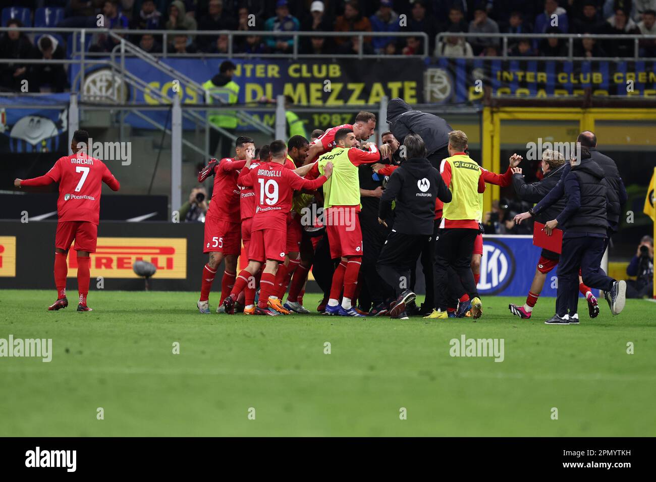 Milano, Italy. 15th Apr, 2023. Luca Caldirola of Ac Monza celebrates ...