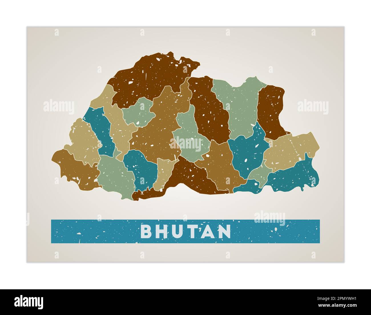 Bhutan map. Country poster with regions. Old grunge texture. Shape of Bhutan with country name ...