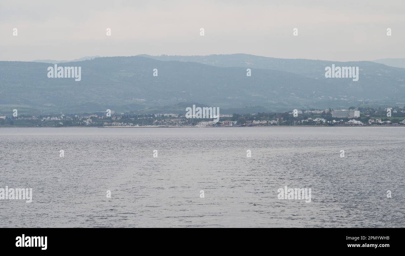 Misty view over open water and the coastal line of the Chrysochou Bay ...