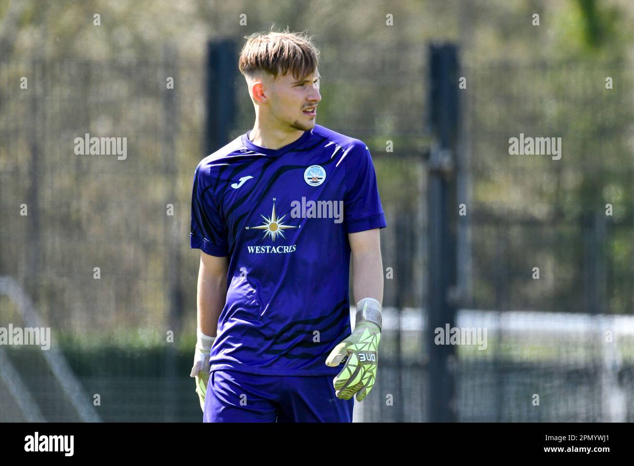Swansea, Wales. 15 April 2023. Goalkeeper Ewan Griffiths of Swansea ...