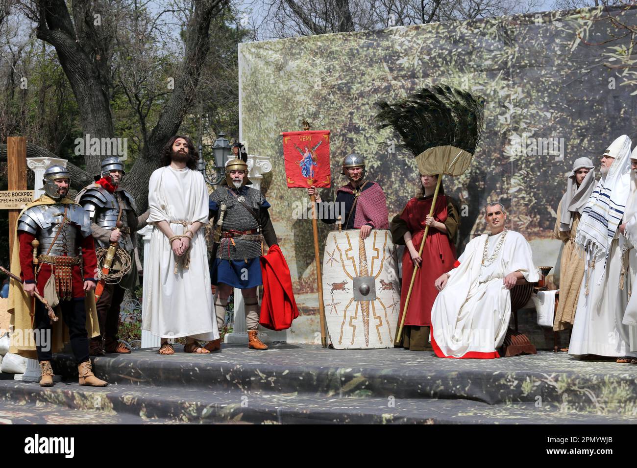 Actors depicting Roman legionnaires, Jesus Christ, Pontius Pilate, the ...