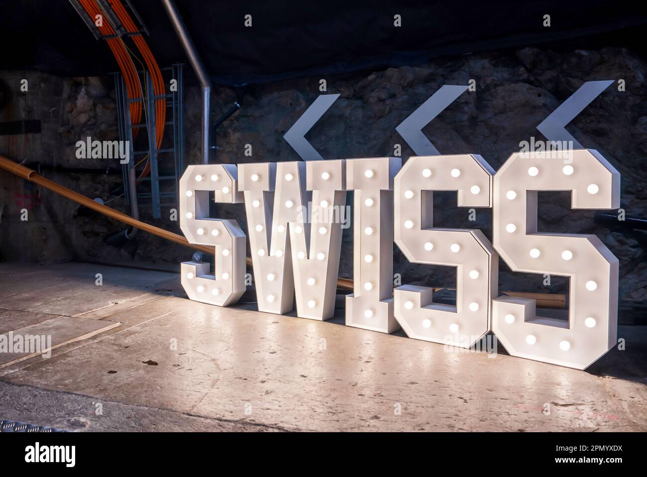 Illuminated swiss text structure at Jungfrau railway inside Bernese ...