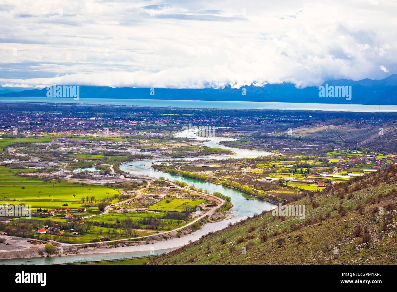 Moraca river and Lake Skadar near Podgorica panoramic view, Montenegro ...