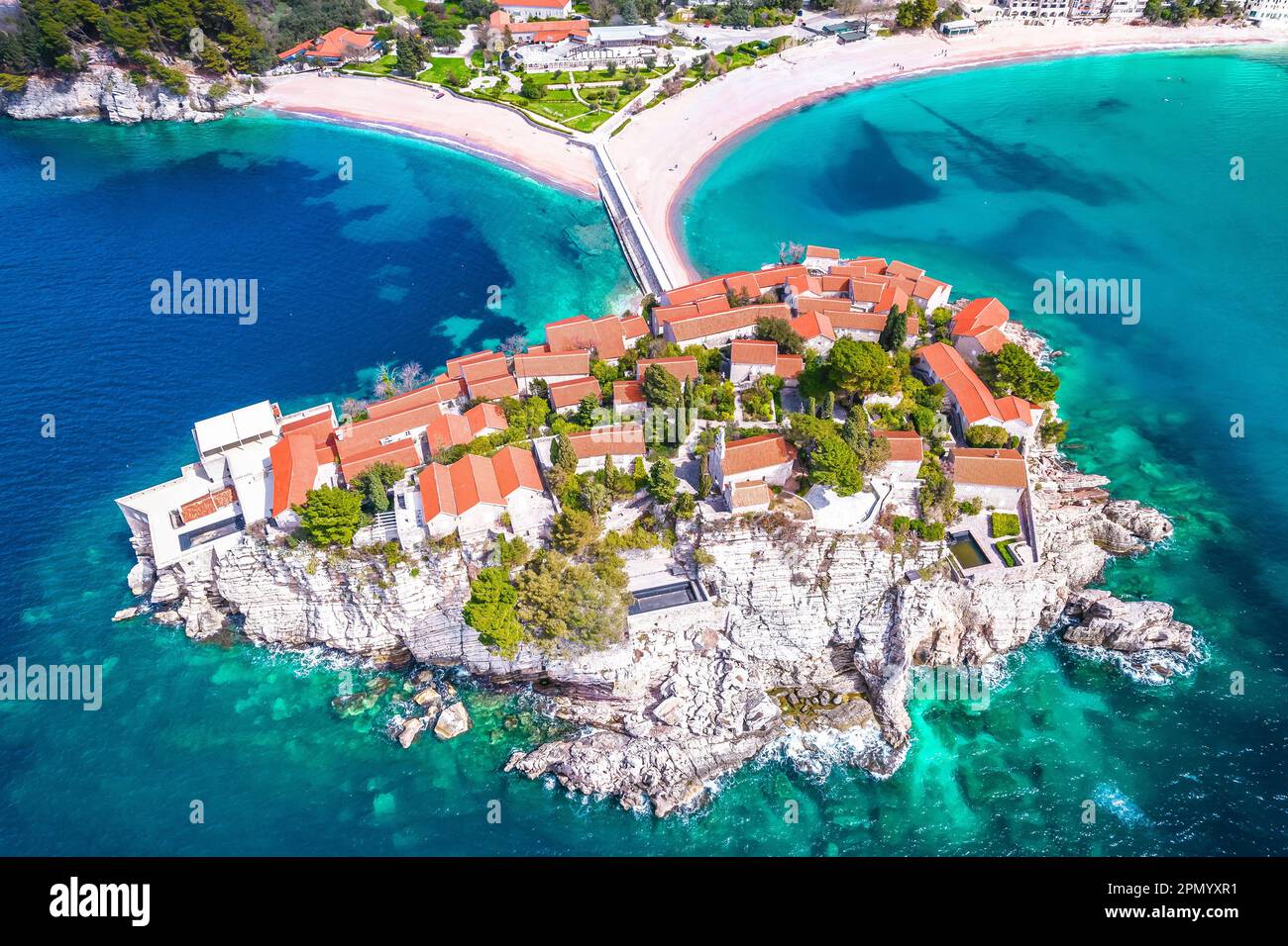 Sveti Stefan historic island village and beach view, archipelago of ...