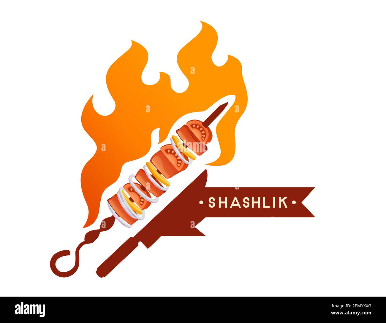 Roasted kebab shashlik on skewer with fire bbq grilled food logo design vector illustration on ...
