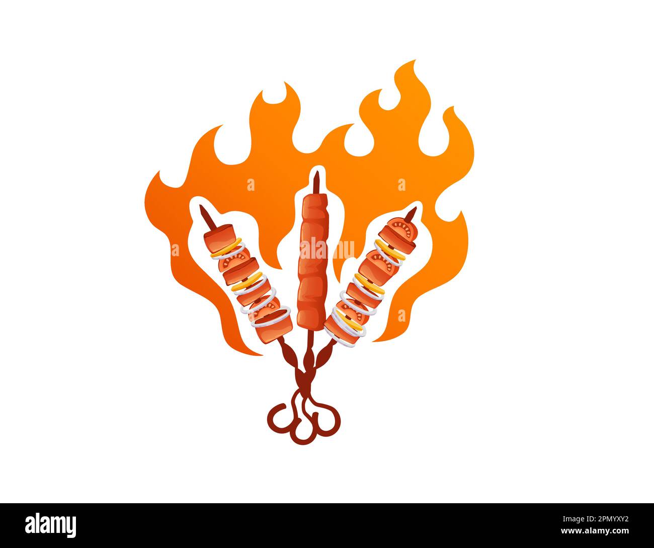 Roasted kebab on skewer with fire bbq grilled food vector illustration ...