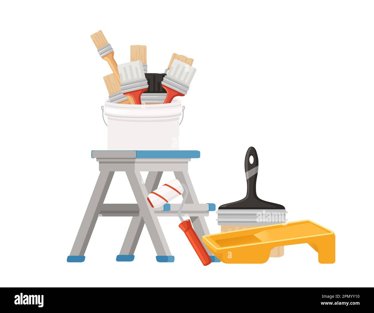 Home renovation with stepladder paint roller and acryl matt vector ...