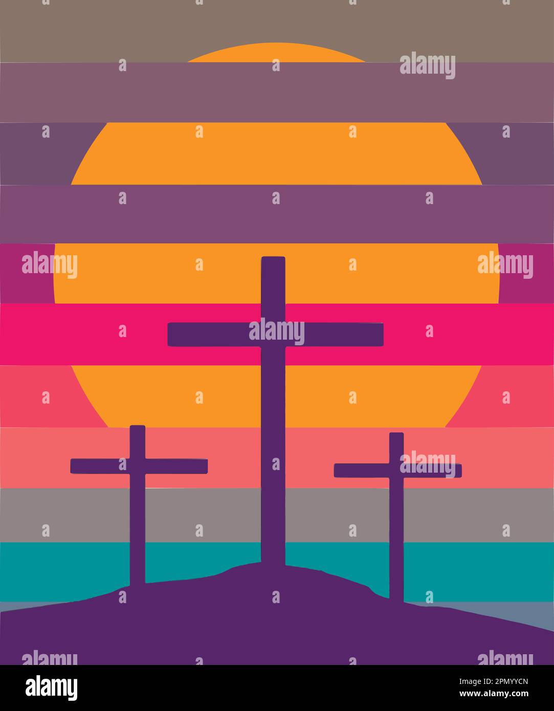 Three crosses are seen at sunset in a graphic design that is a vector ...