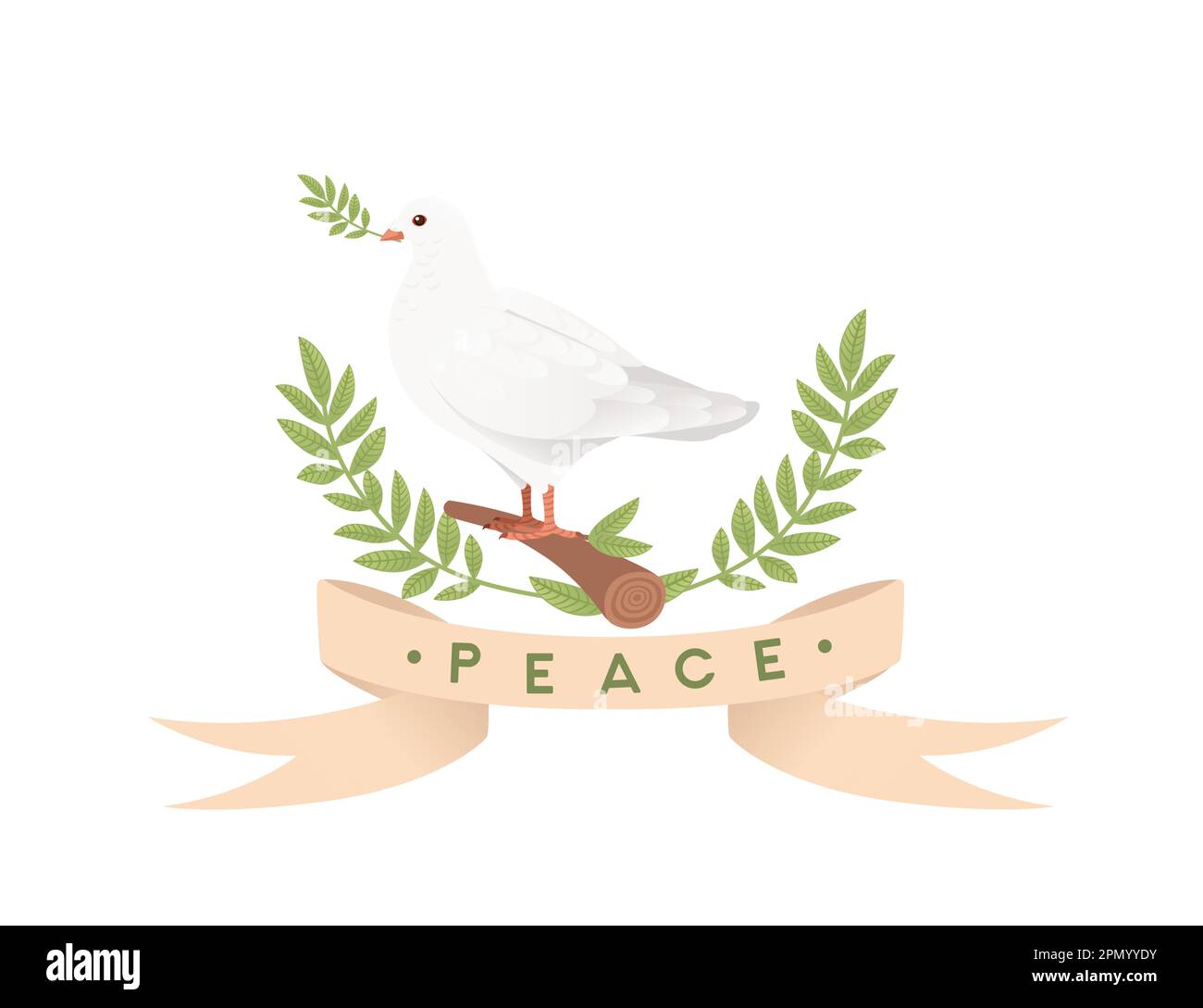 Peace day sign with white pigeon bird and green leaves vector ...