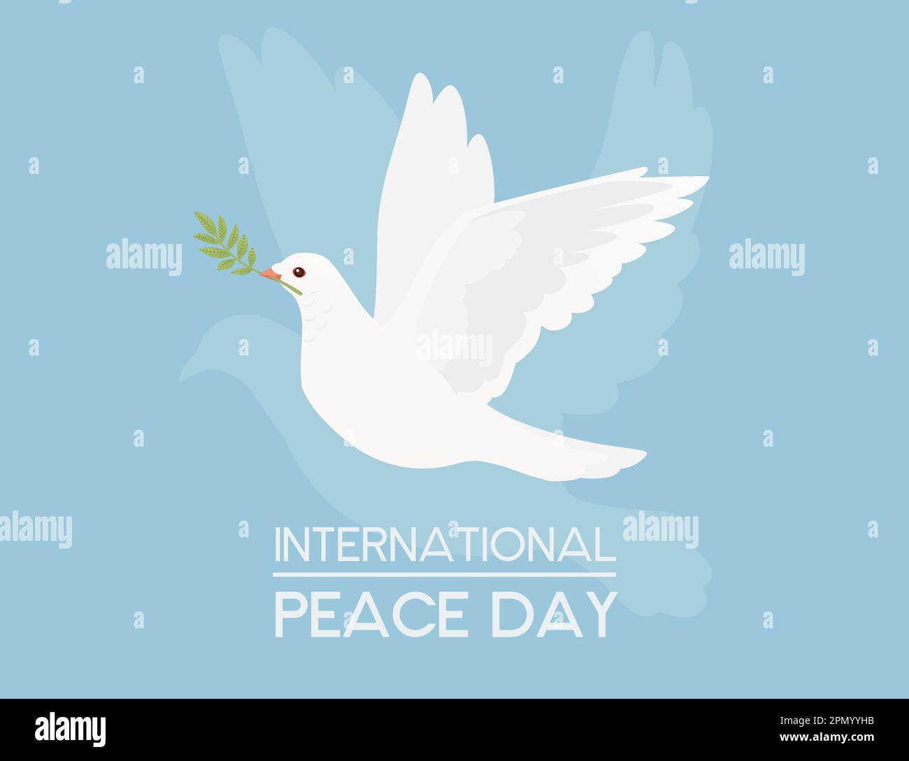 International peace day sign with white pigeon bird and green leaves ...