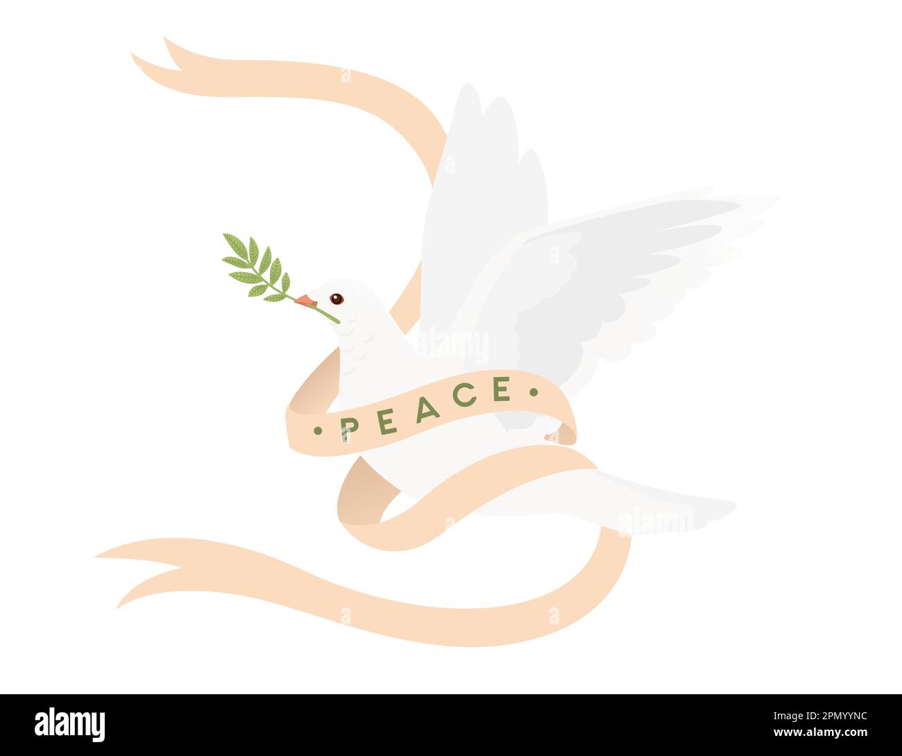 International peace day sign with white pigeon bird and green leaves ...