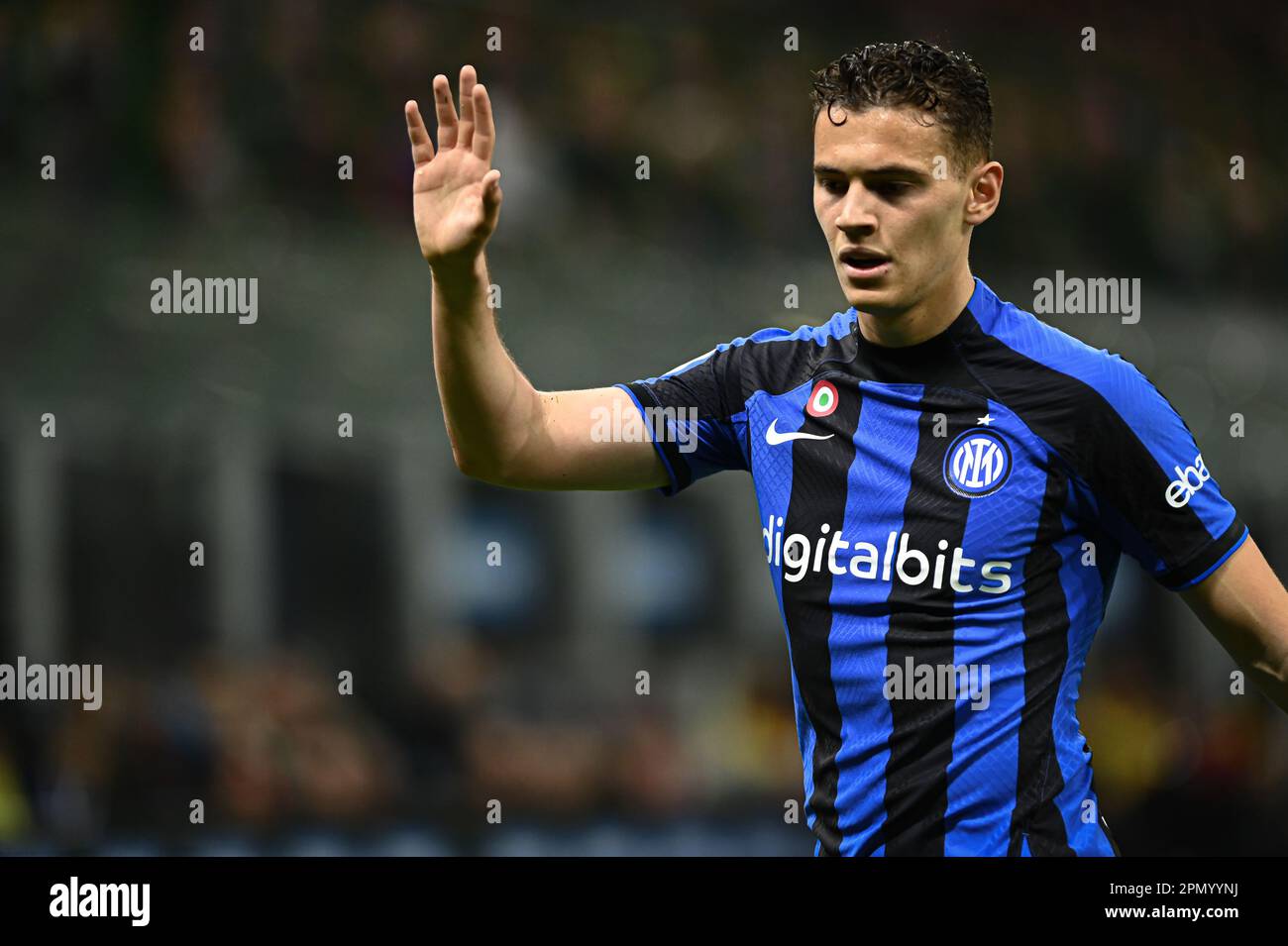 Kristjan Asllani of FC Internazionale gestures during the Italian Serie ...