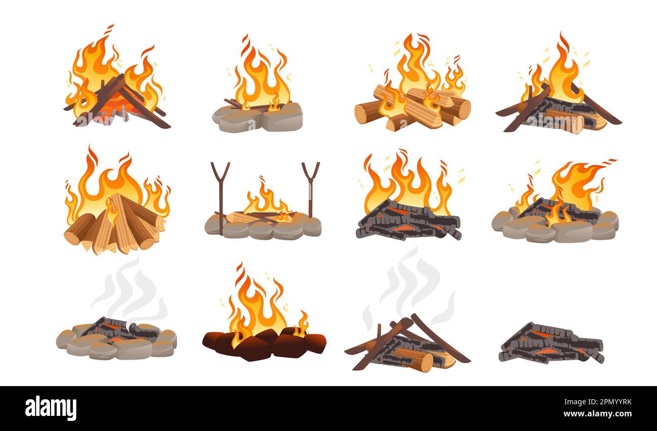 Set of bonfire with burning wood and flame vector illustration isolated ...