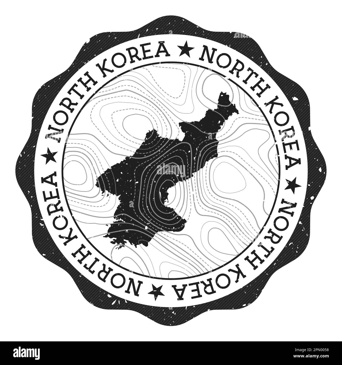 North Korea outdoor stamp. Round sticker with map of country with ...