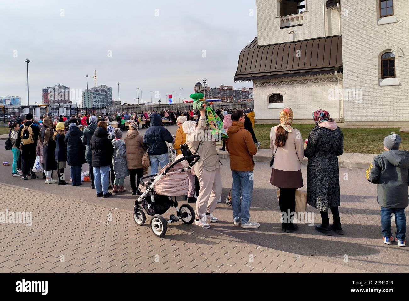 Russian Federation. Saint-Petersburg. April, spring. Cakes and painted eggs are consecrated in ...