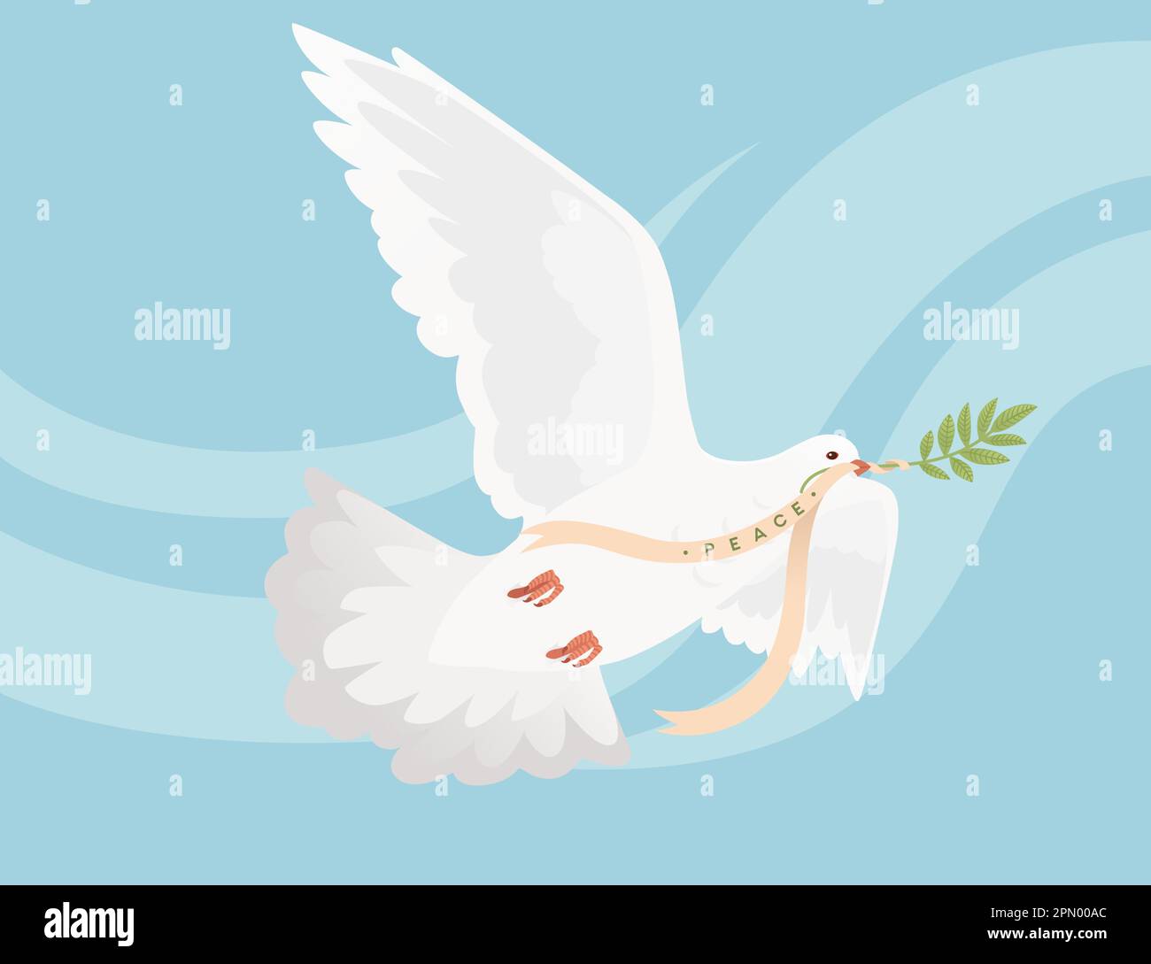 Peace day sign with white pigeon bird and green leaves vector ...