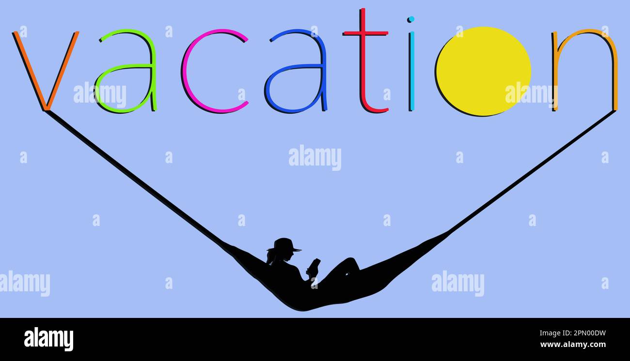 A woman on vacation relaxes in a hammock suspended from the letters of ...