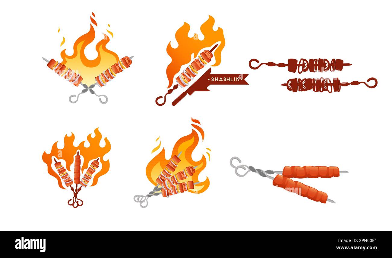 Set of roasted kebab on skewer with fire bbq grilled food vector ...