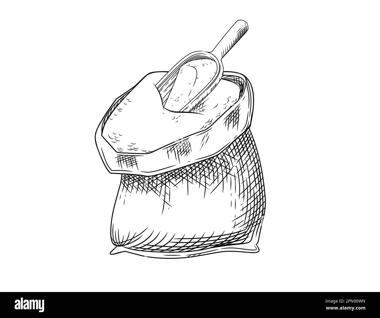 Outline sketch of bag of flour with shovel vector illustration on white ...