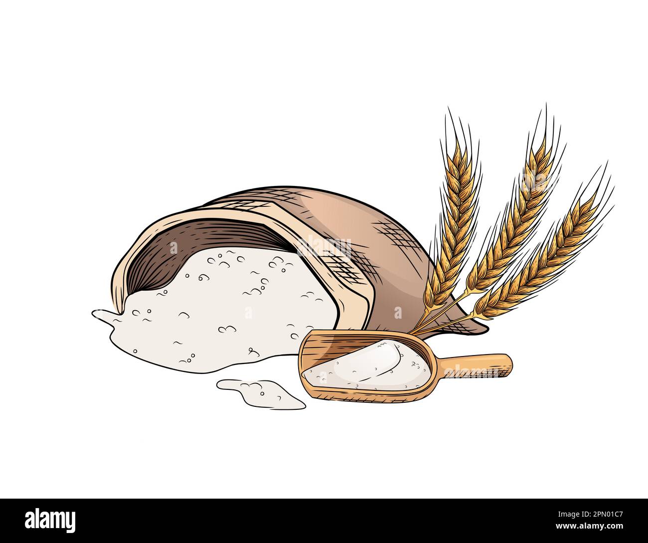 Outline sketch of bag of flour with shovel vector illustration on white ...