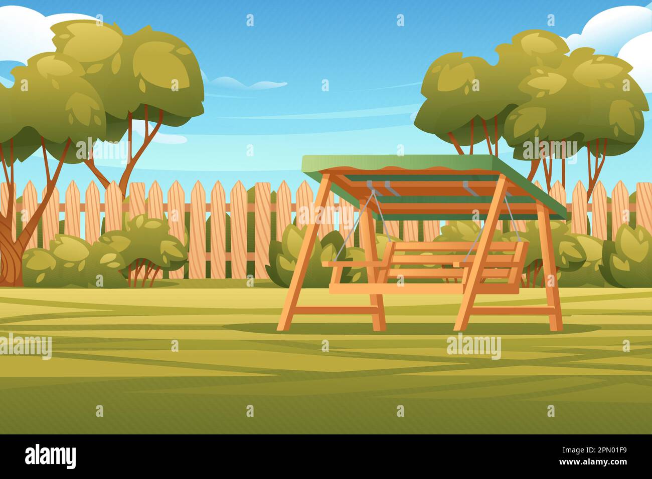 Backyard with wooden fence hedge sunny summer sky on background vector ...