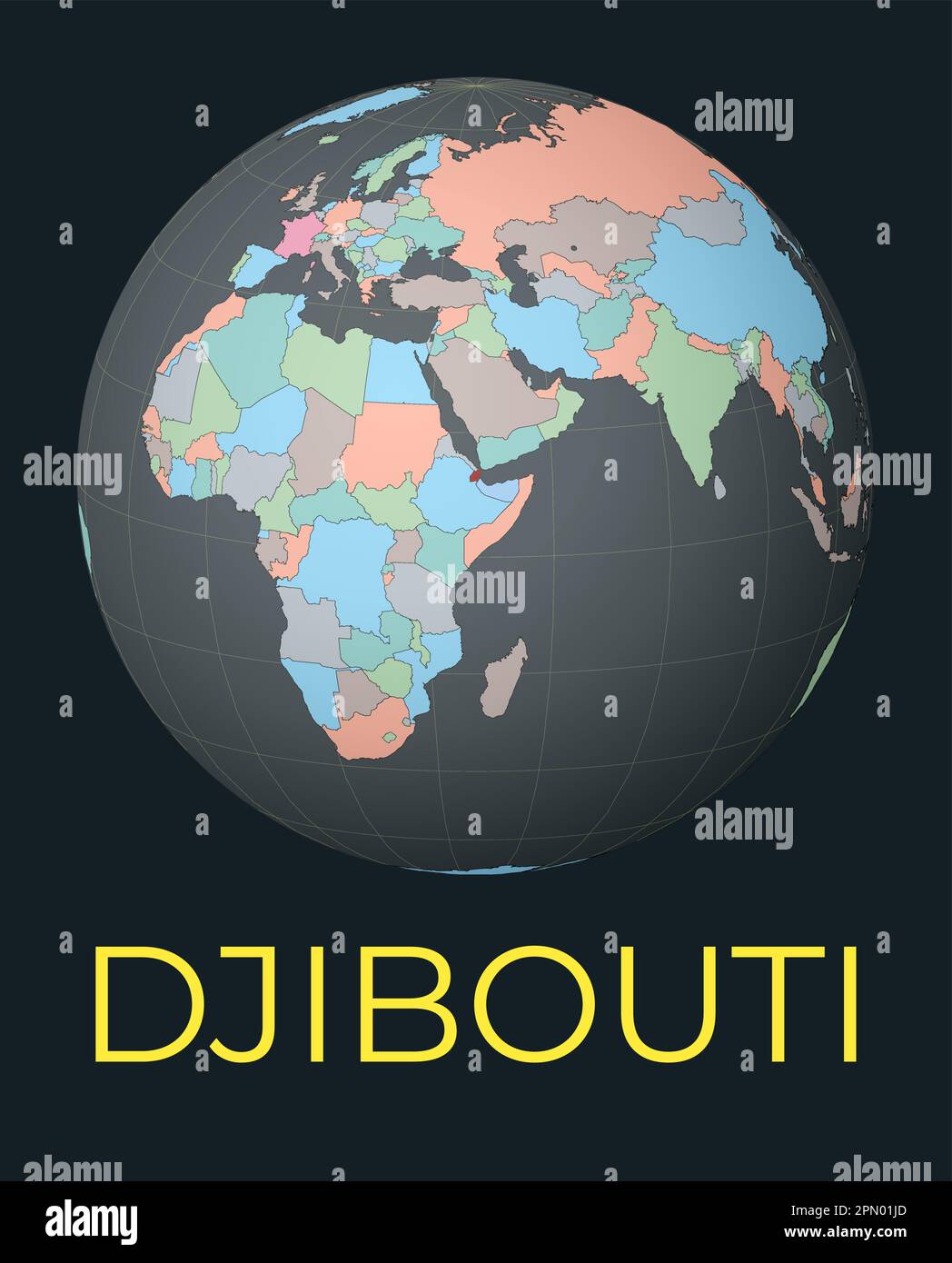 World map centered on Djibouti. Red country highlighted. Satellite ...