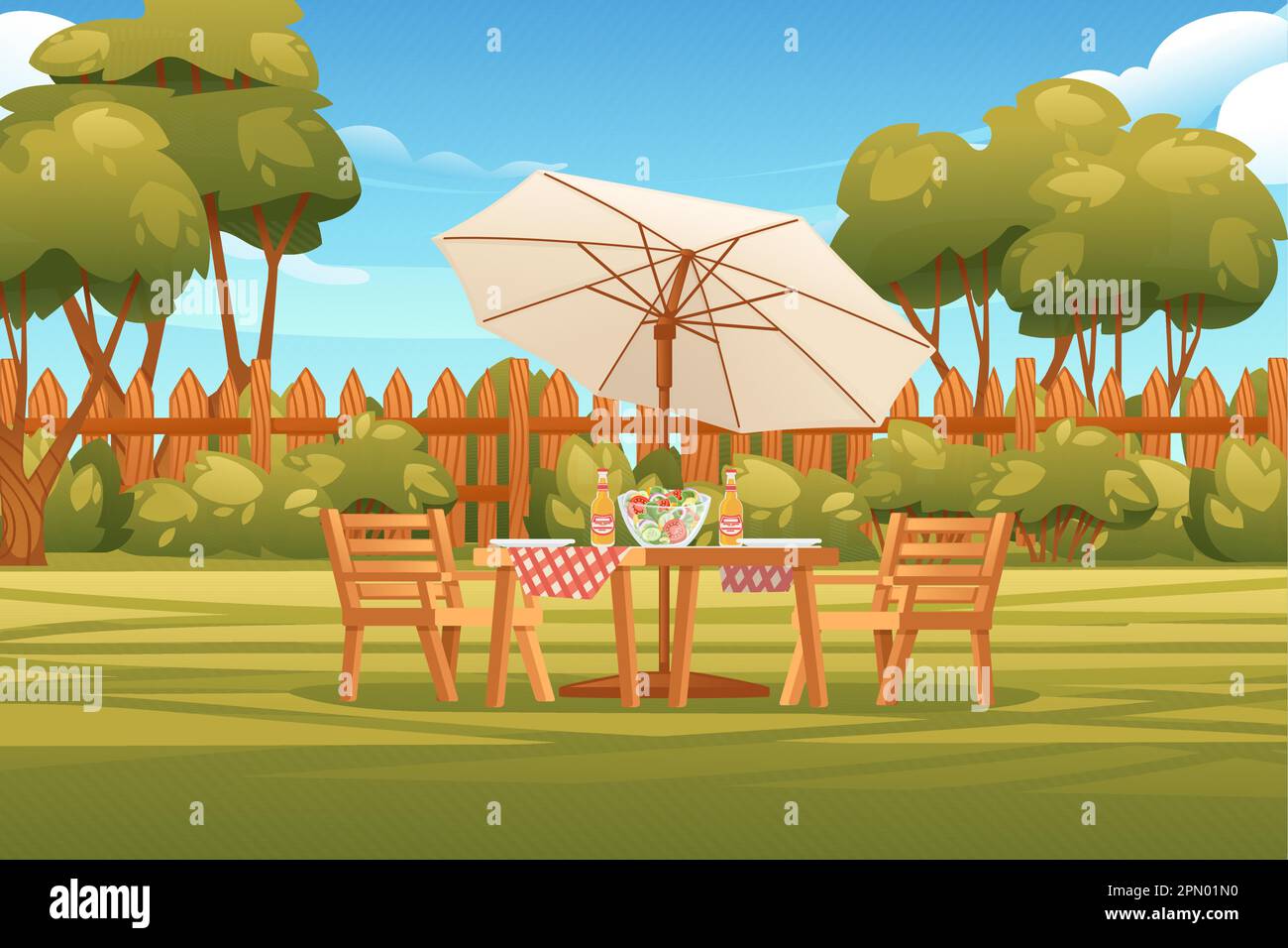 Backyard with wooden fence hedge and chair with tables sunny summer sky ...