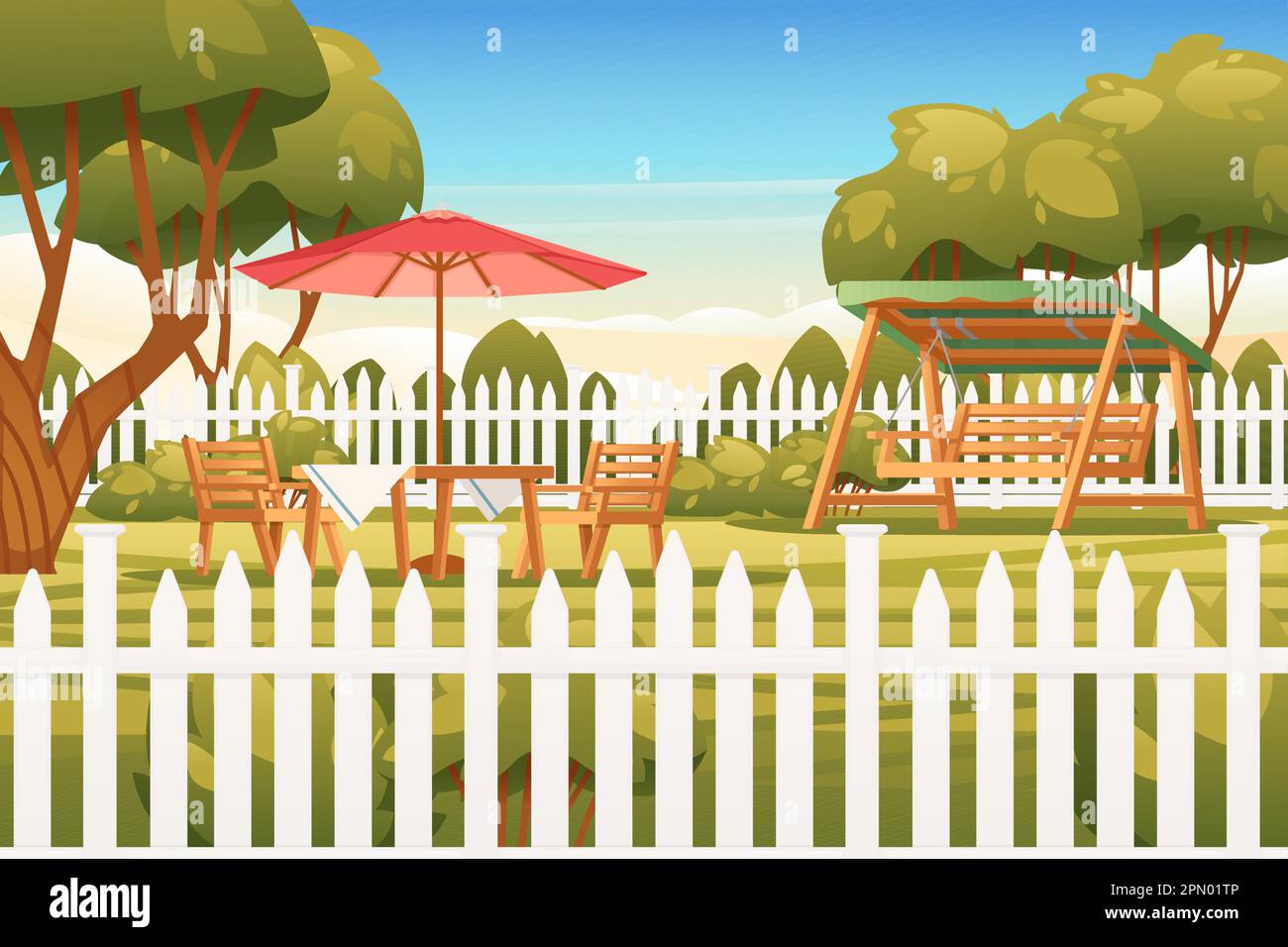Backyard with wooden fence hedge and chair with tables sunny summer sky ...
