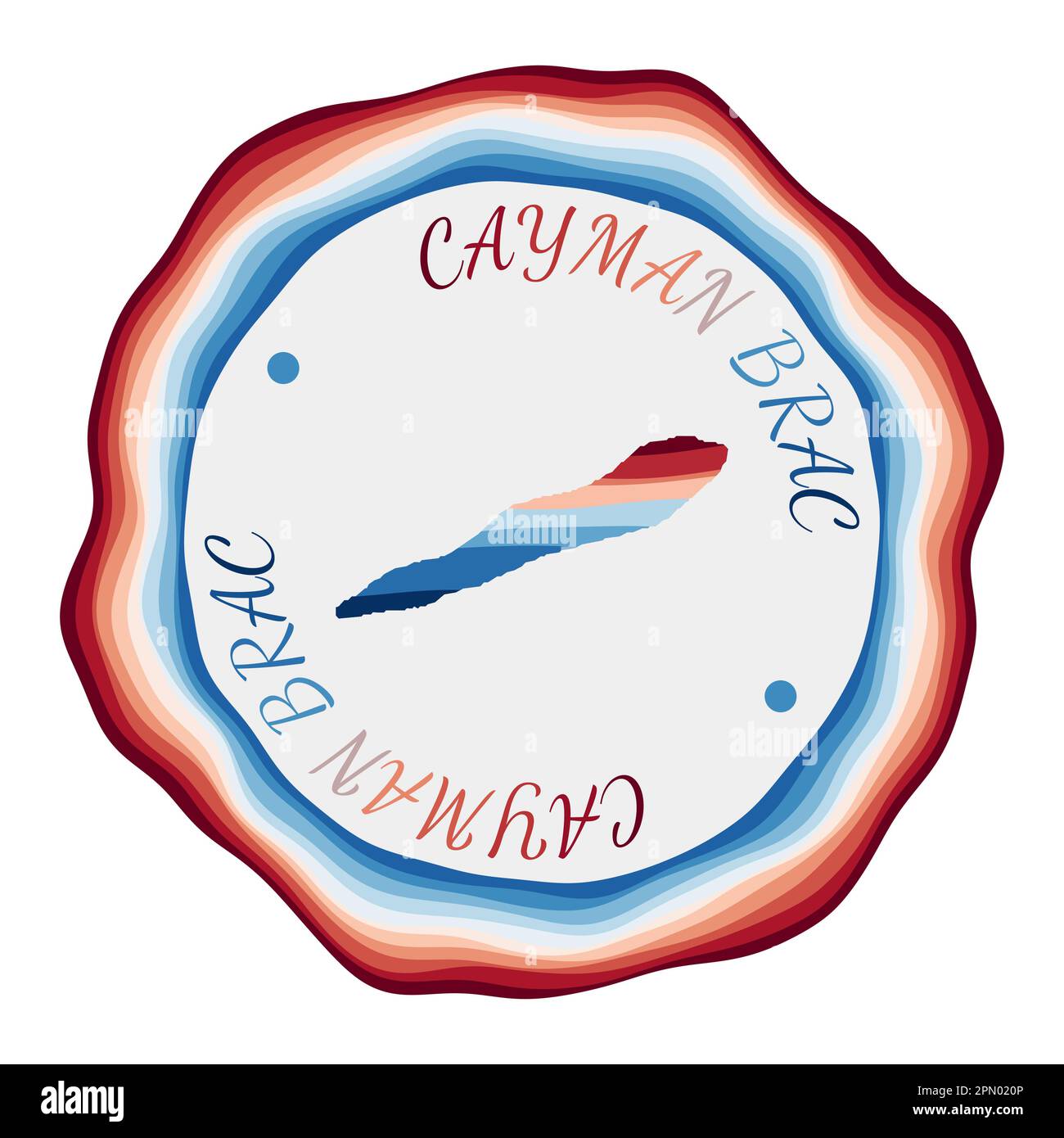 Cayman Brac badge. Map of the island with beautiful geometric waves and ...