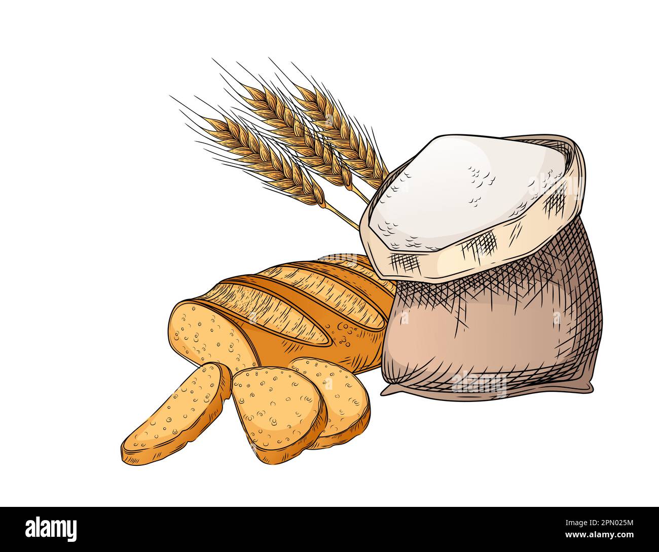 Outline sketch of fresh tasty white bread with bag of flour hand drawn ...