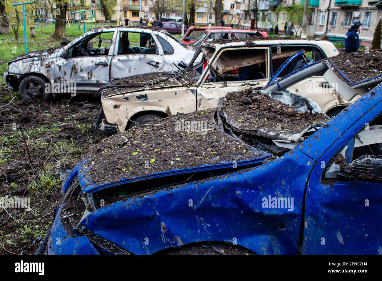 Destroyed car near the explosion. Aftermath of a missile attack on the ...
