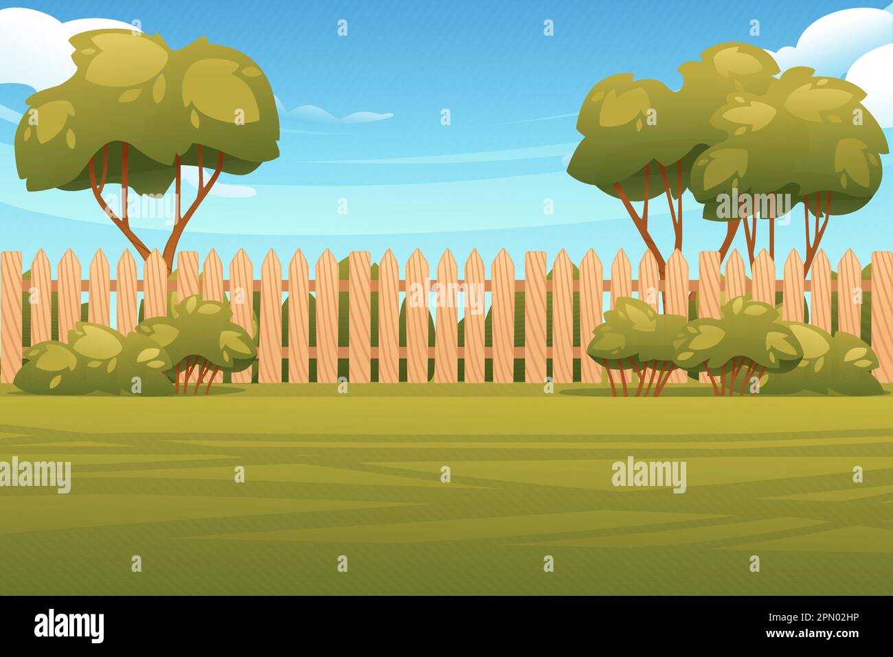 Backyard with wooden fence hedge sunny summer sky on background vector ...