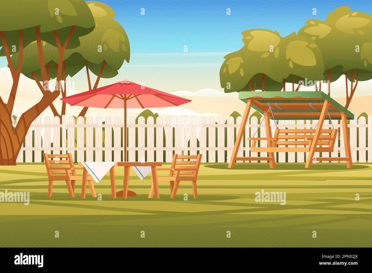 Backyard with wooden fence hedge and chair with tables sunny summer sky ...