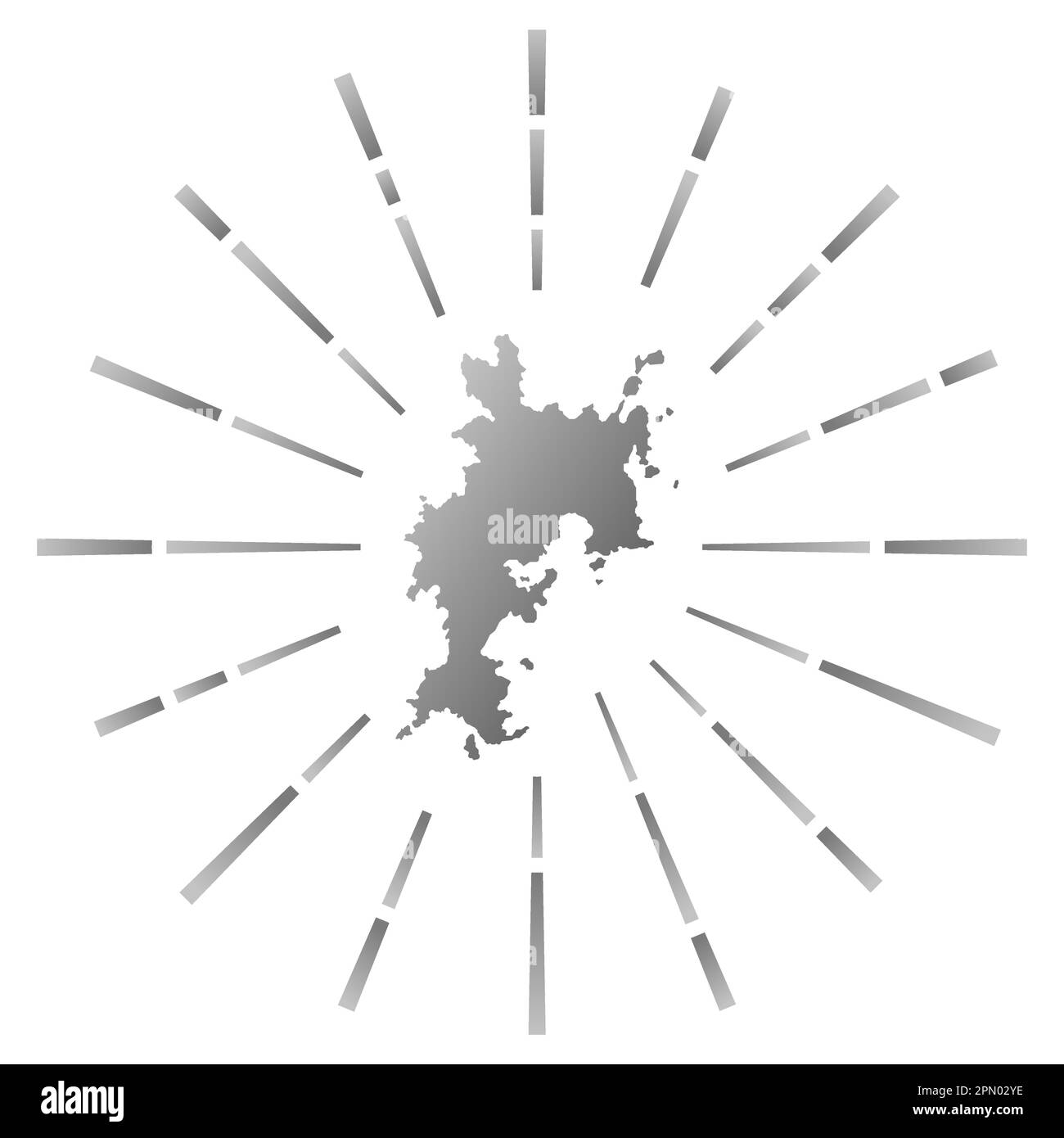 Komodo gradiented sunburst. Map of the island with colorful star rays ...