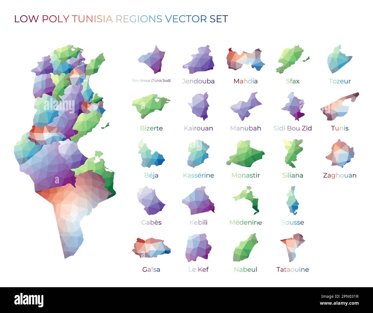 Tunisian low poly regions. Polygonal map of Tunisia with regions. Geometric maps for your design ...