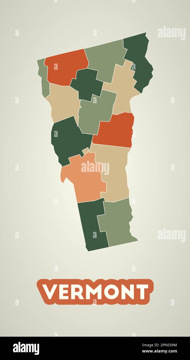Vermont poster in retro style. Map of the US state with regions in ...