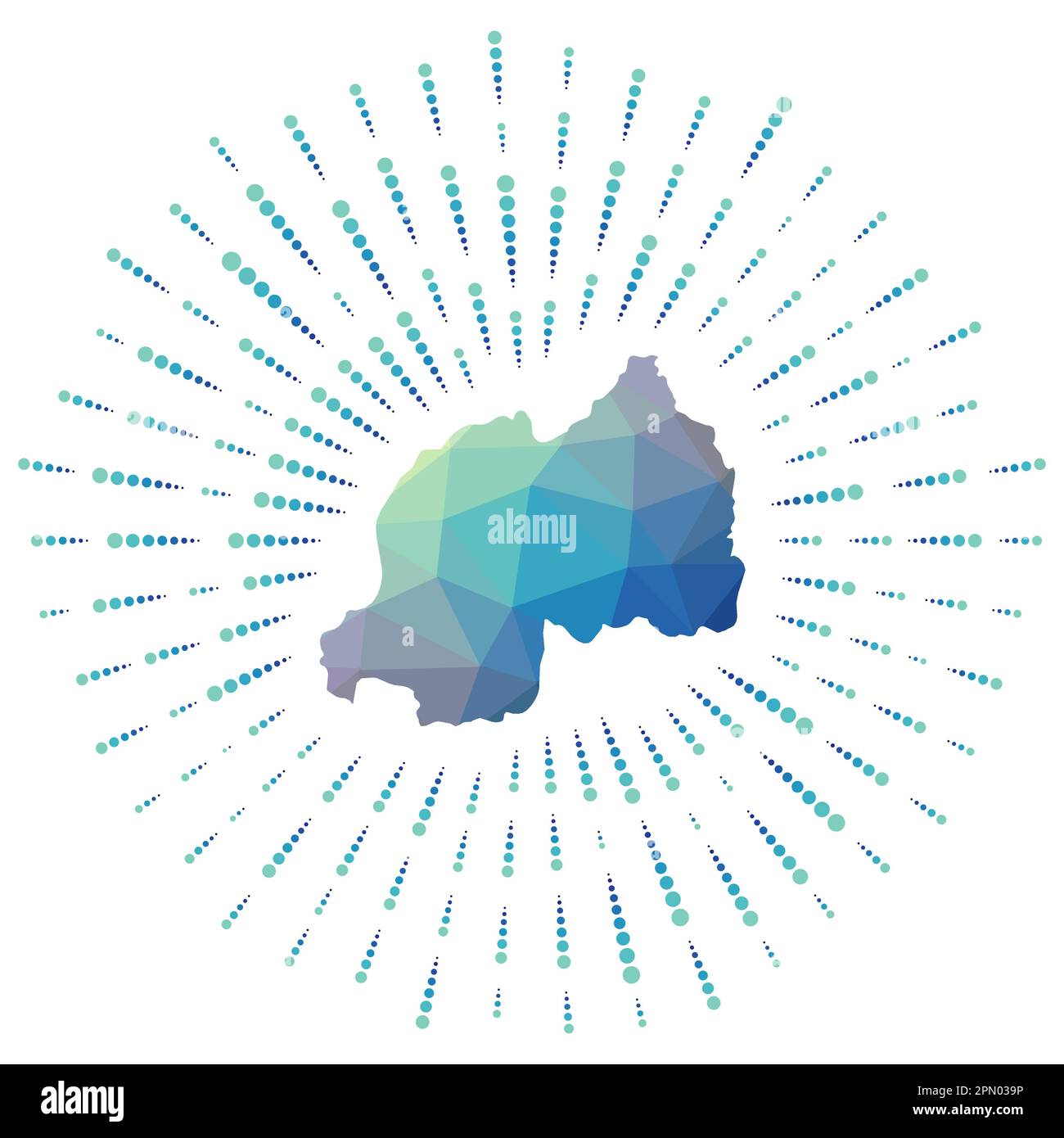 Shape of Rwanda, polygonal sunburst. Map of the country with colorful ...