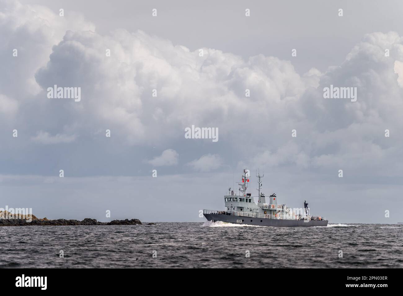 The Canadian forces torpedo recovery vessel Stikine sails northward in ...