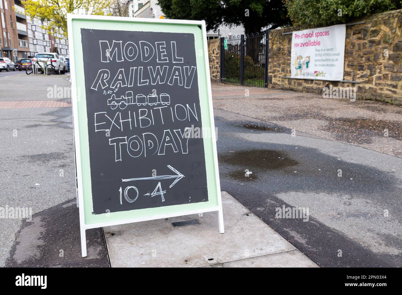 Hand written sign for a model railway exhibition in a village church in ...