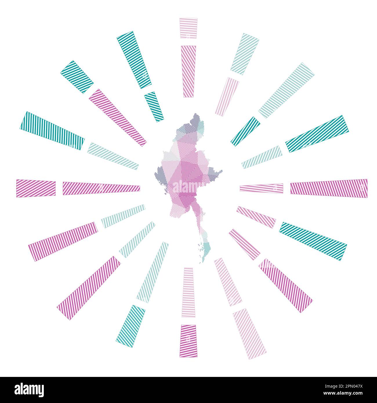 Myanmar sunburst. Low poly striped rays and map of the country. Trendy ...