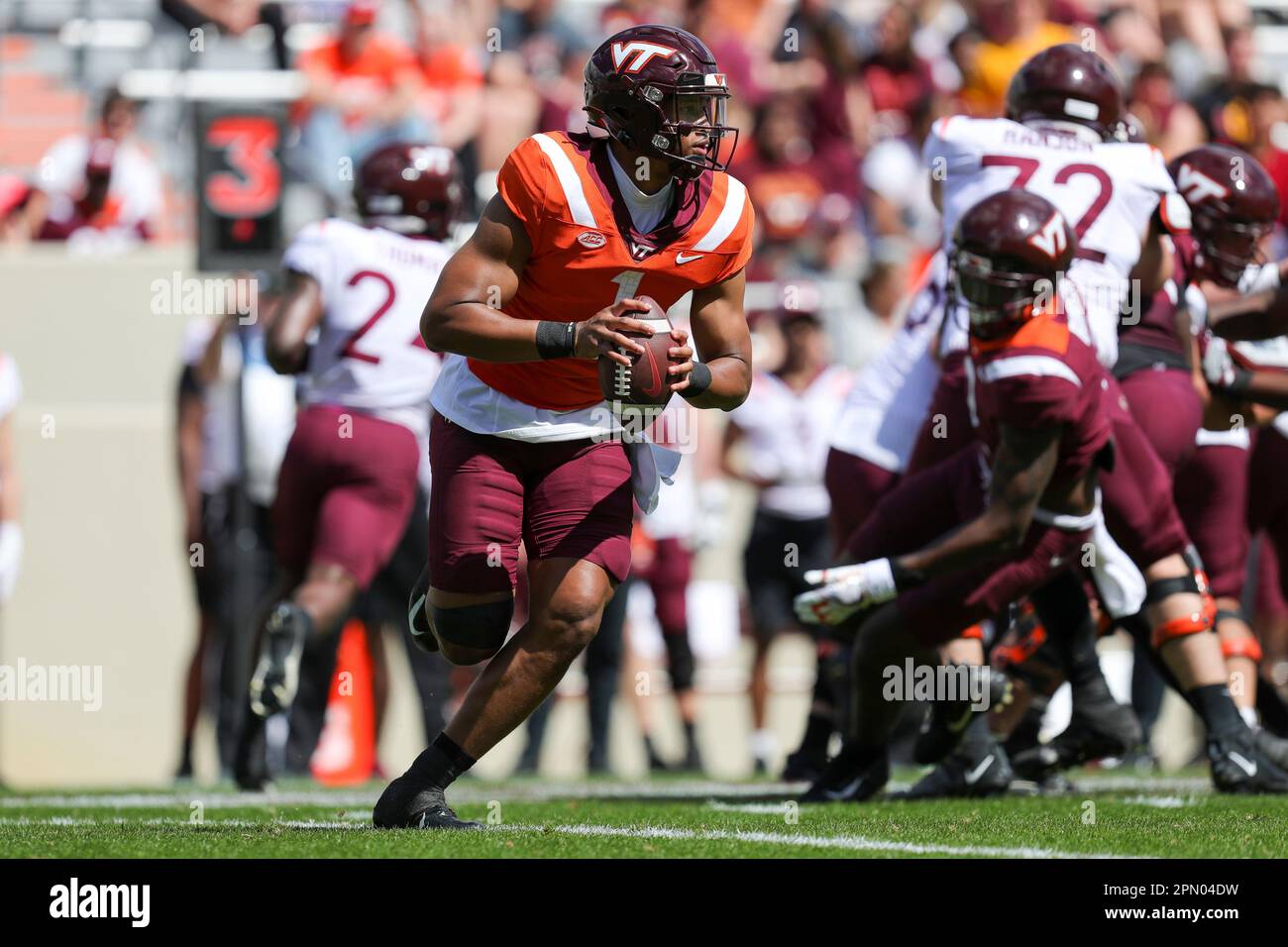 April 15, 2023: Virginia Tech Hokies quarterback Kyron Drones (1) rolls out of the pocket during ...
