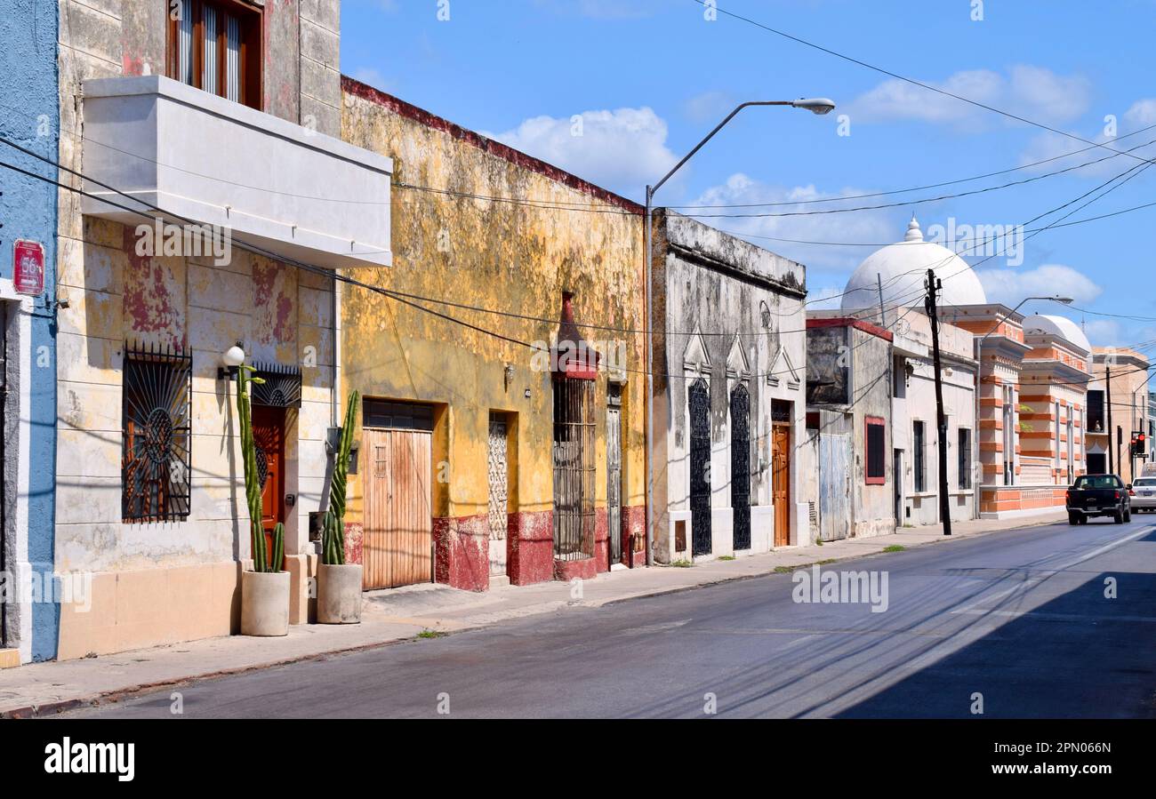 The interesting facades of buildings in the streets of Merida, Yucatan ...