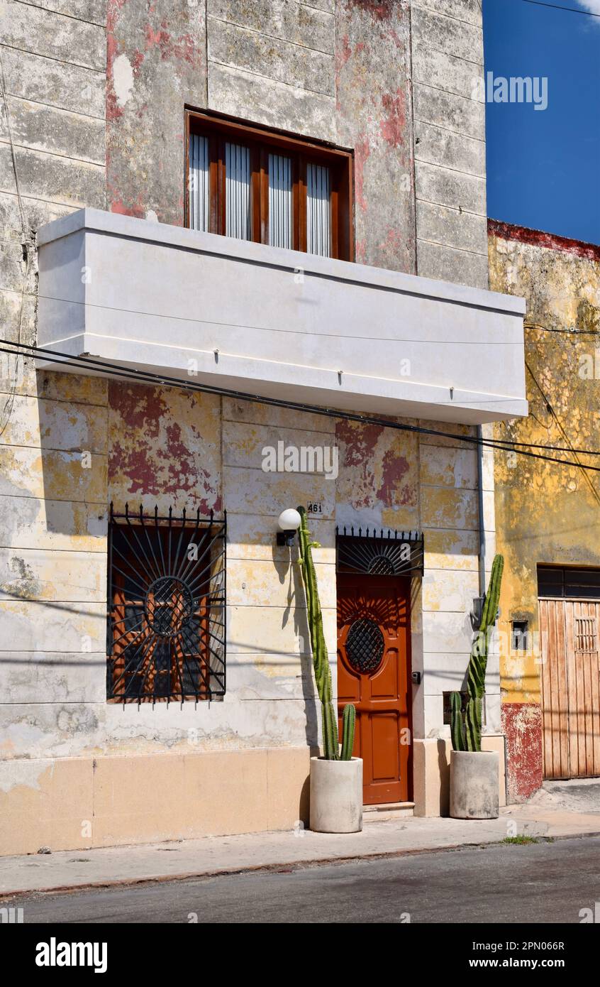 The interesting facades of buildings in the streets of Merida, Yucatan ...
