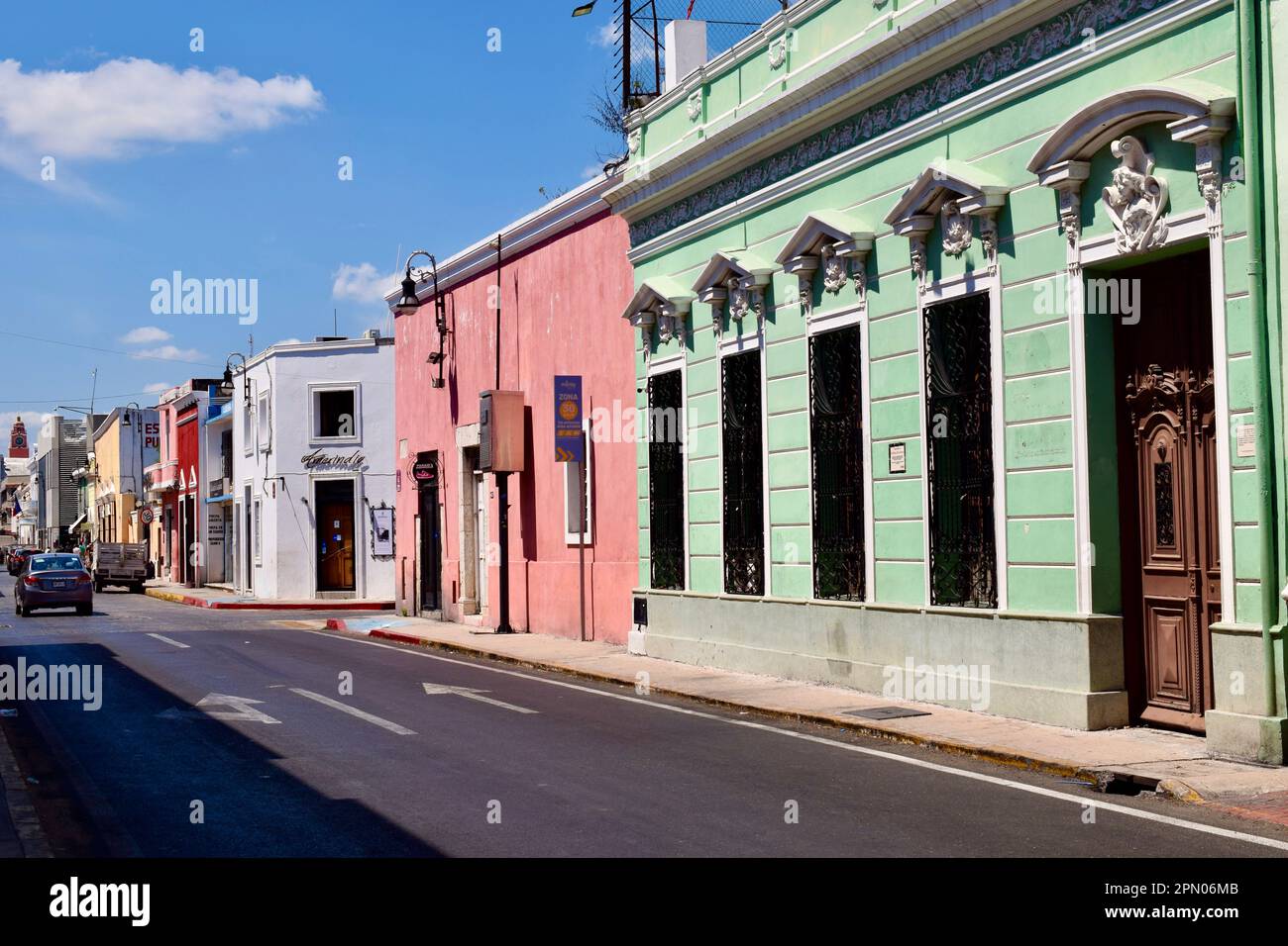 A colorful street with restored, colonial buildings in the historic ...