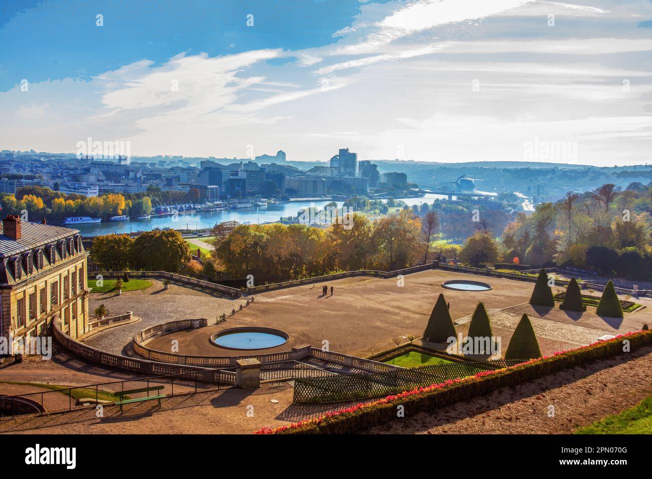 Idyllic aerial view on Paris from hill in Parc Saint-Cloud ( on river ...
