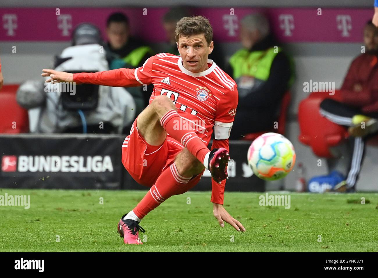 Munich, Germany. 15th Apr, 2023. Thomas MUELLER (M?LLER, FC Bayern Munich), action, single ...