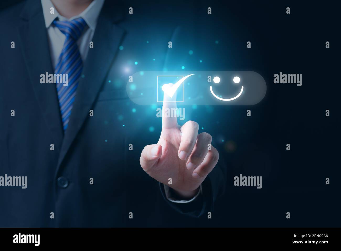 Businessman pressing smiley face emoticon on virtual screen Stock Photo ...