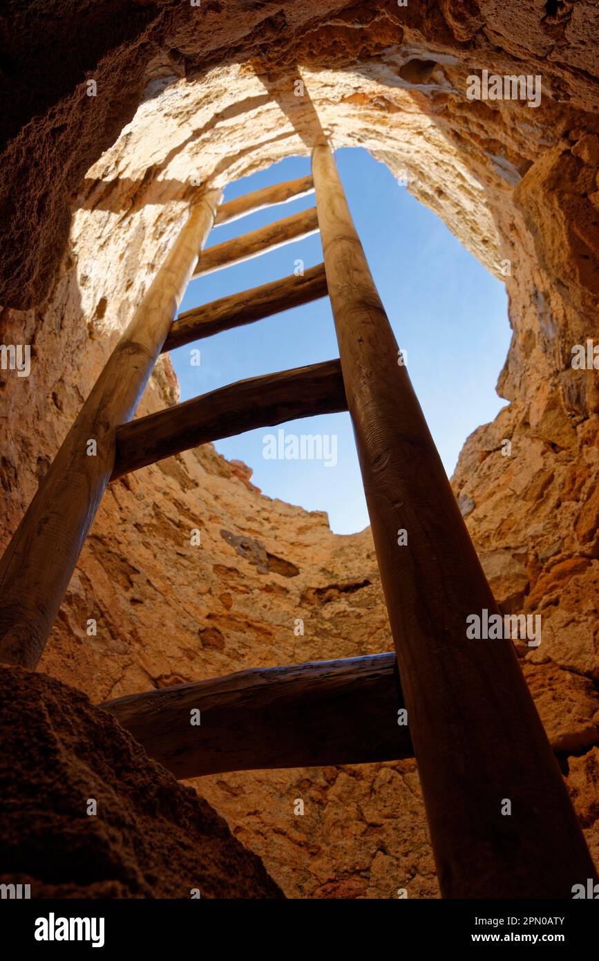 Ladder to the top platform of the watchtower Torre d'Albarca, Majorca ...