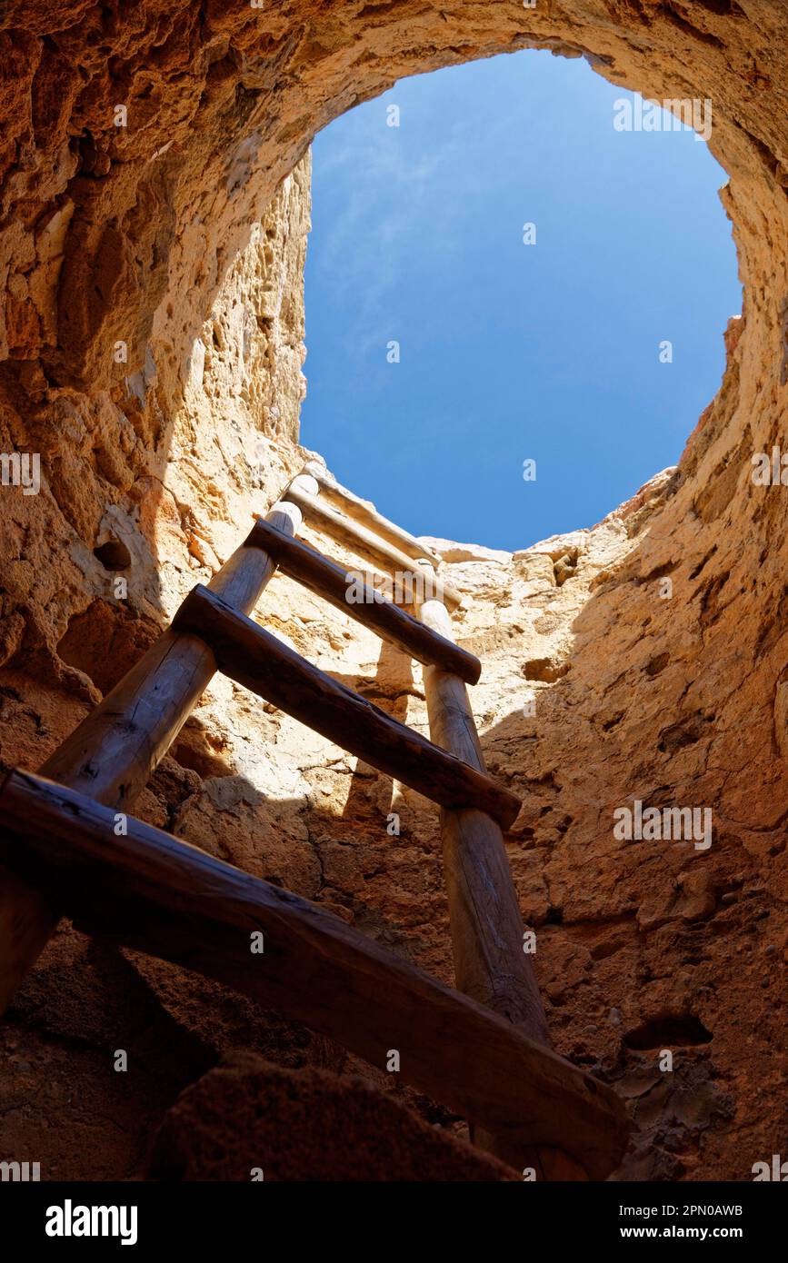 Ladder to the top platform of the watchtower Torre d'Albarca, Majorca ...