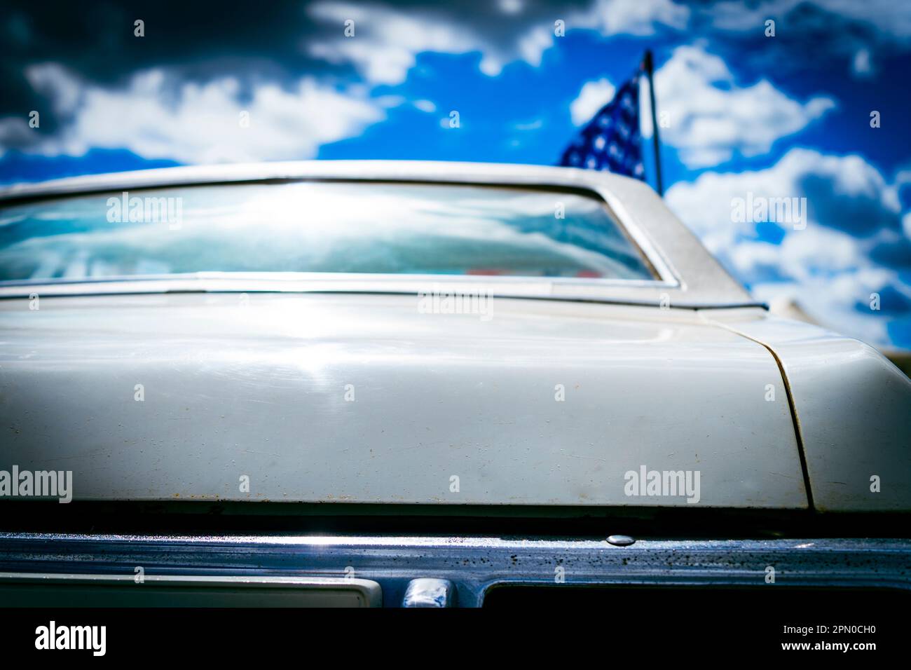 Retro old white car from back view with American flag Stock Photo - Alamy